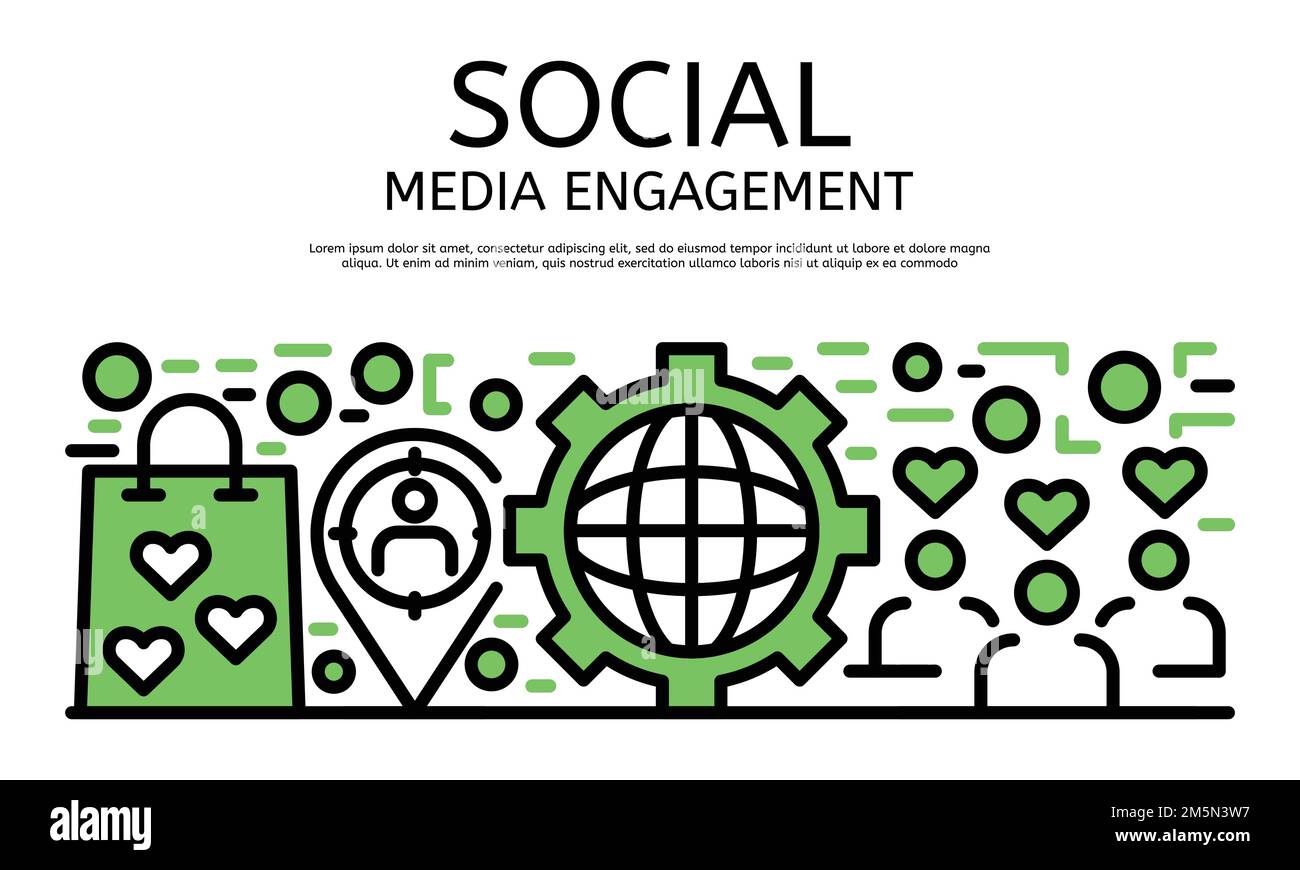 Social media engagement banner. Outline illustration of social media ...