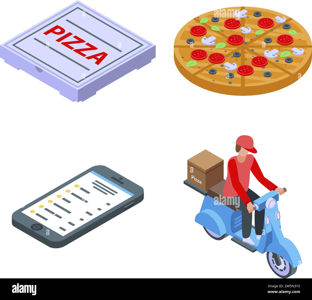 Pizza delivery icons set. Isometric set of pizza delivery vector icons ...