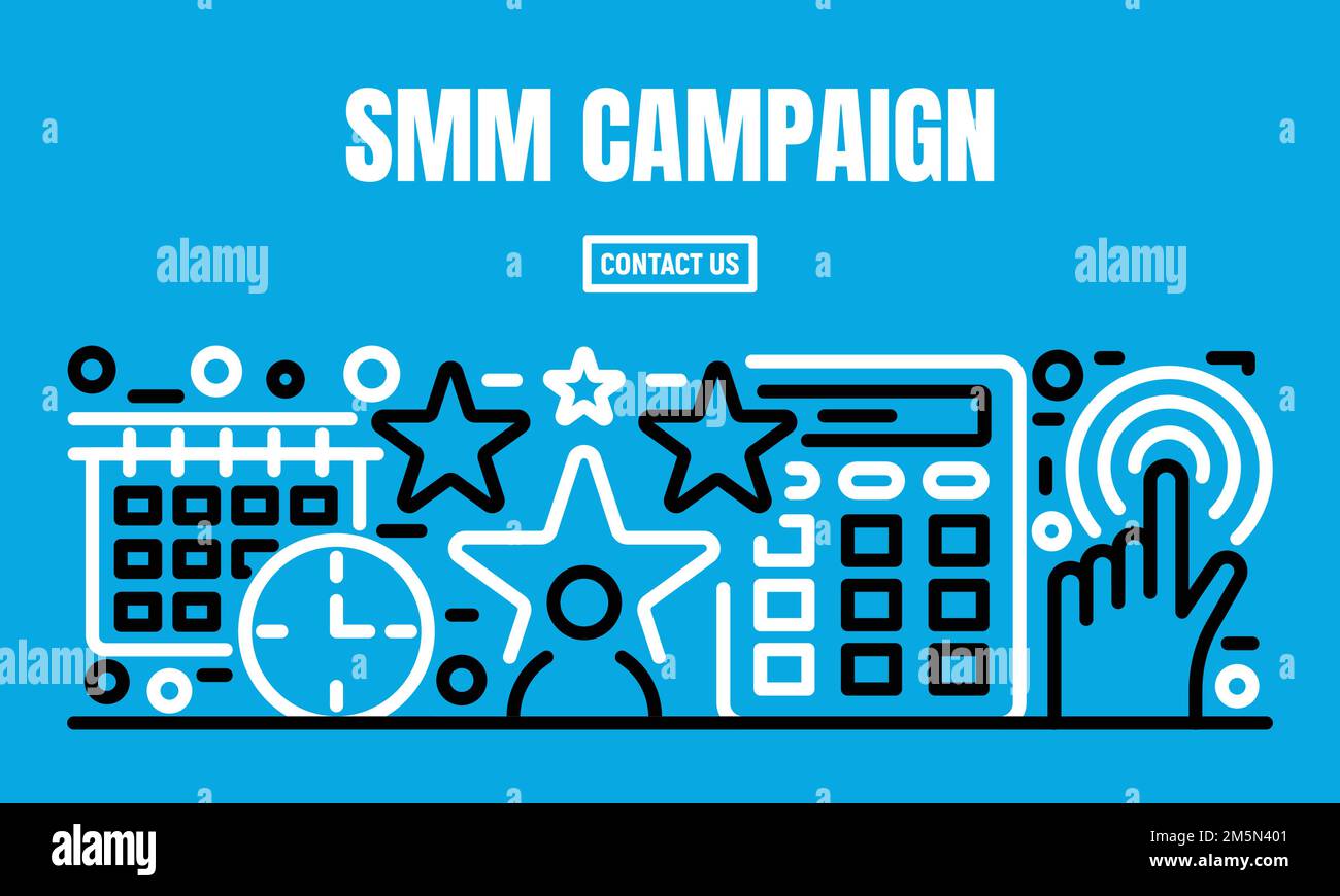 Blue SMM campaign banner. Outline illustration of blue SMM campaign vector banner for web design ...