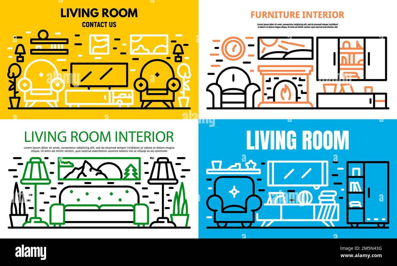 Living room banner set. Outline set of living room vector banner for ...