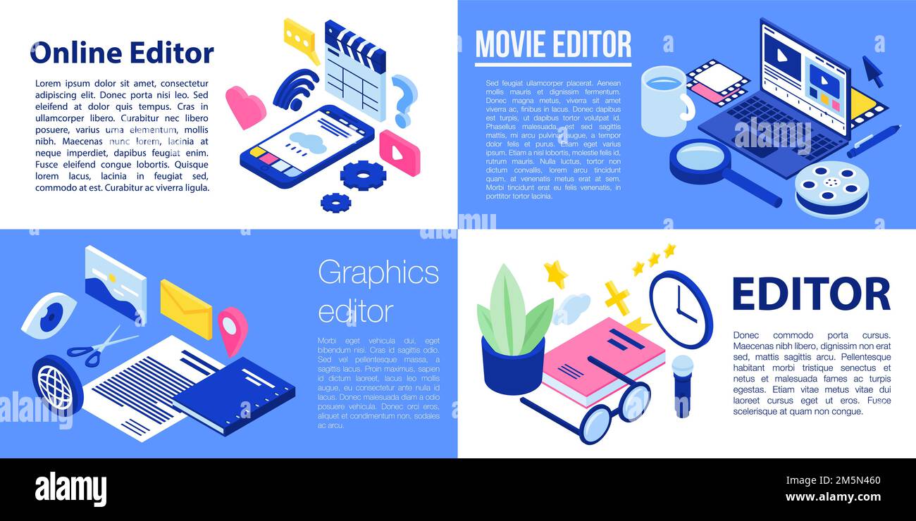 Editor banner set. Isometric set of editor vector banner for web design ...