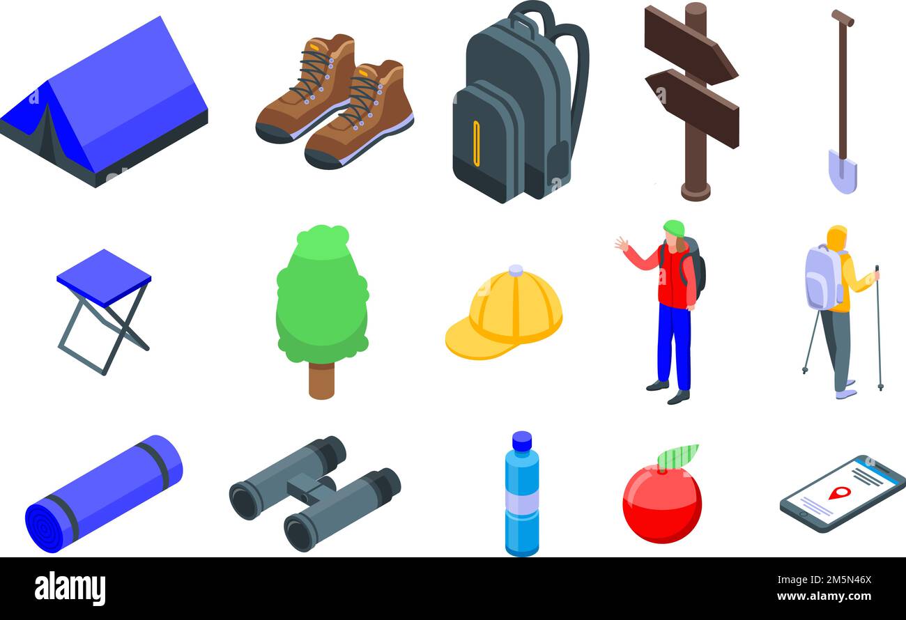 Hiking icons set. Isometric set of hiking vector icons for web design ...