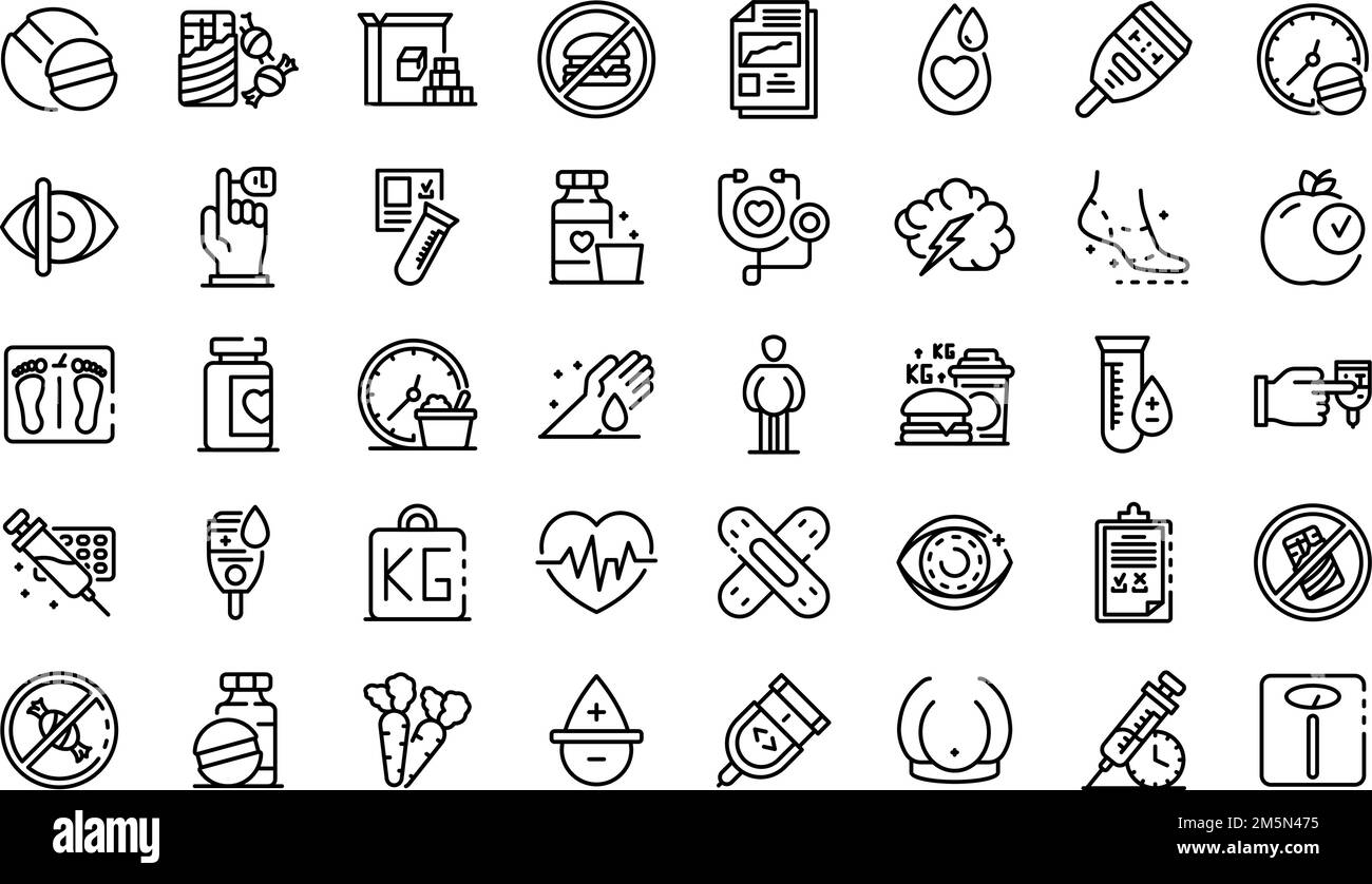 Diabetes icons set. Outline set of diabetes vector icons for web design ...