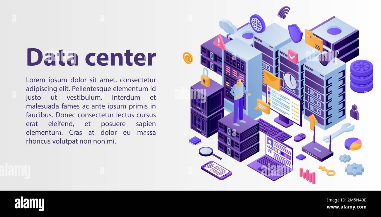 Data center network concept banner. Isometric illustration of data ...