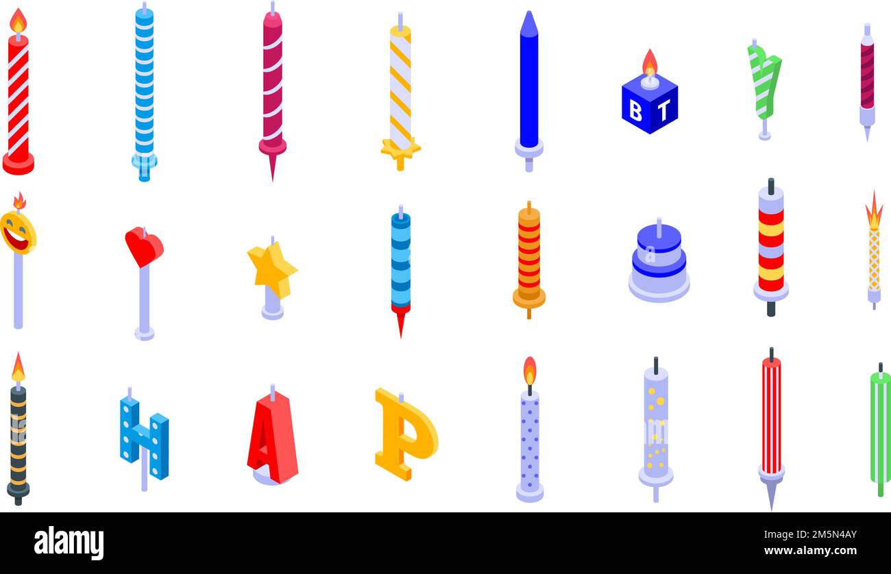 Birthday candle icons set. Isometric set of birthday candle vector ...