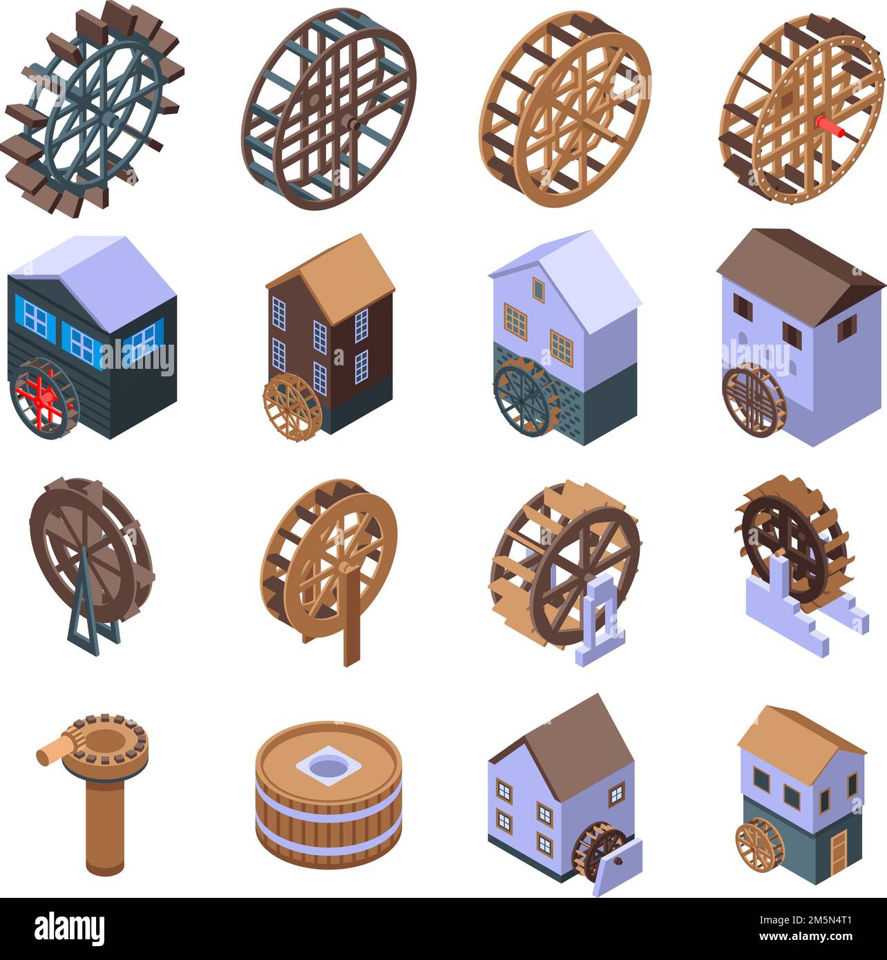 Water mill icons set. Isometric set of water mill vector icons for web ...