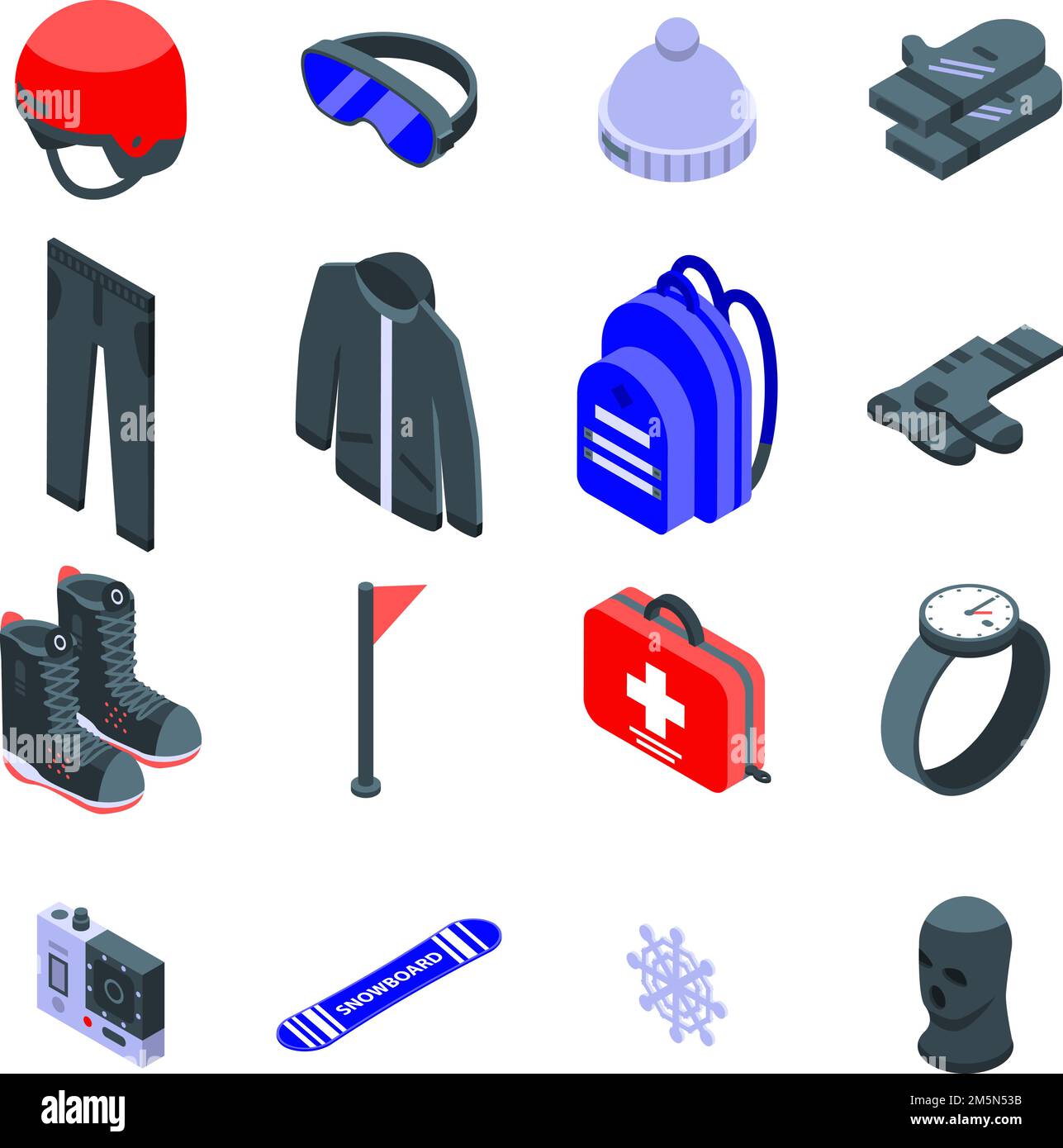 Snowboarding equipment icons set. Isometric set of snowboarding ...