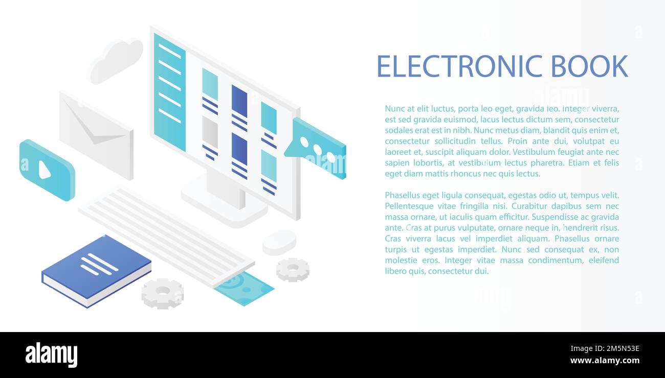 Electronic book concept banner. Isometric illustration of electronic ...