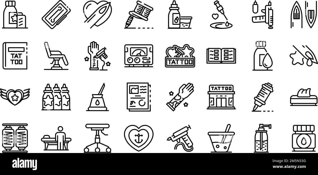Tattoo studio icons set. Outline set of tattoo studio vector icons for ...