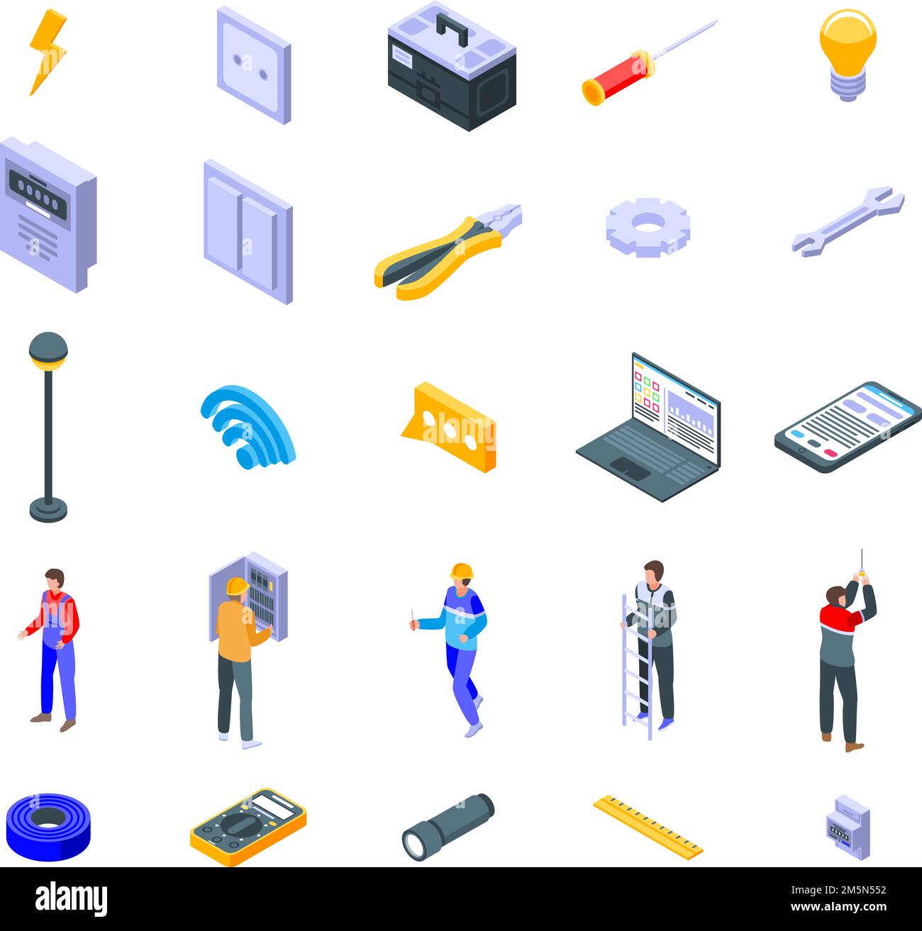 Electrician service icons set. Isometric set of electrician service ...