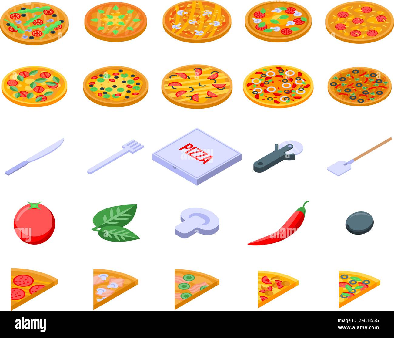 Pizza icons set. Isometric set of pizza vector icons for web design ...