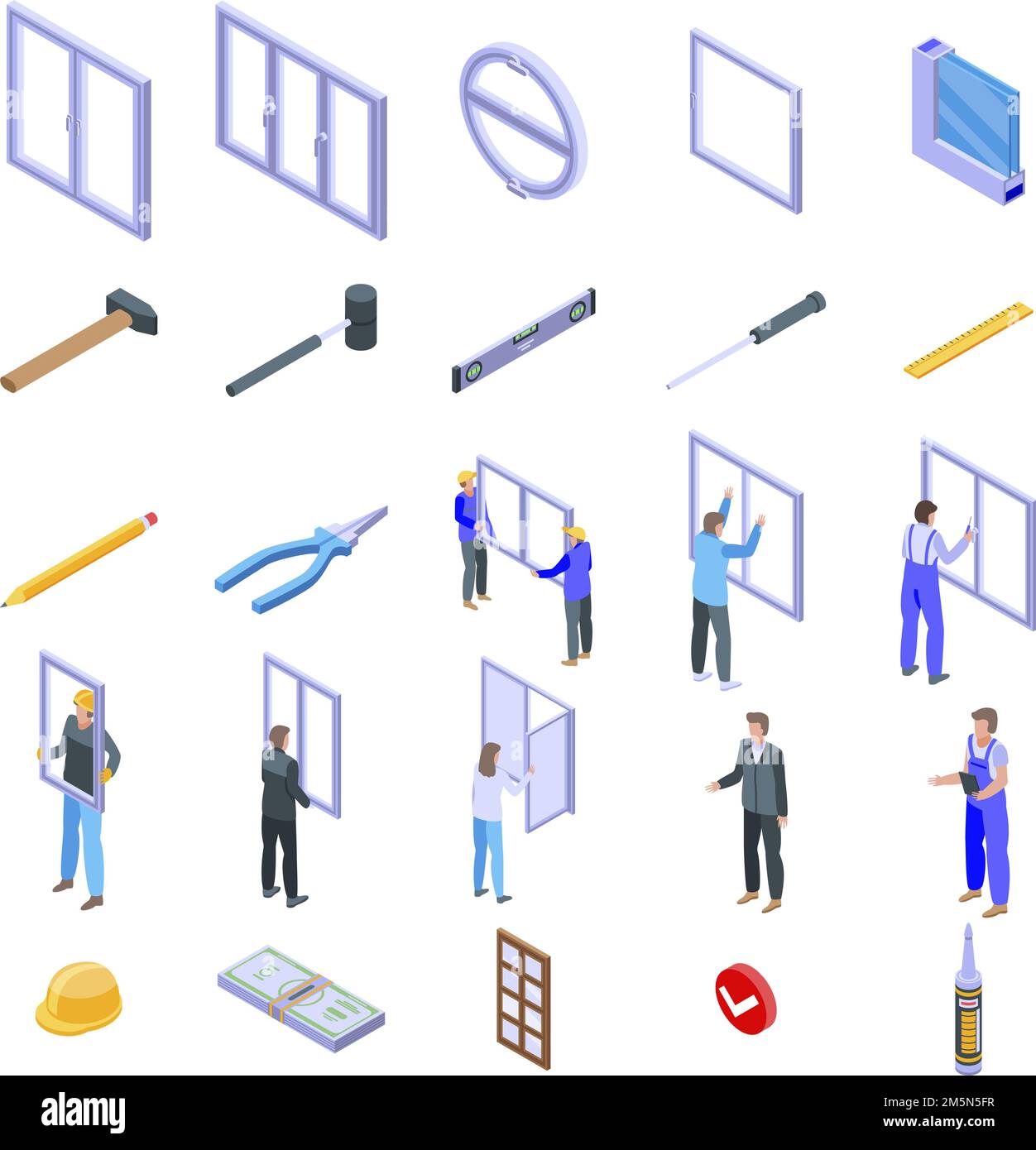 Window installation icons set. Isometric set of window installation ...