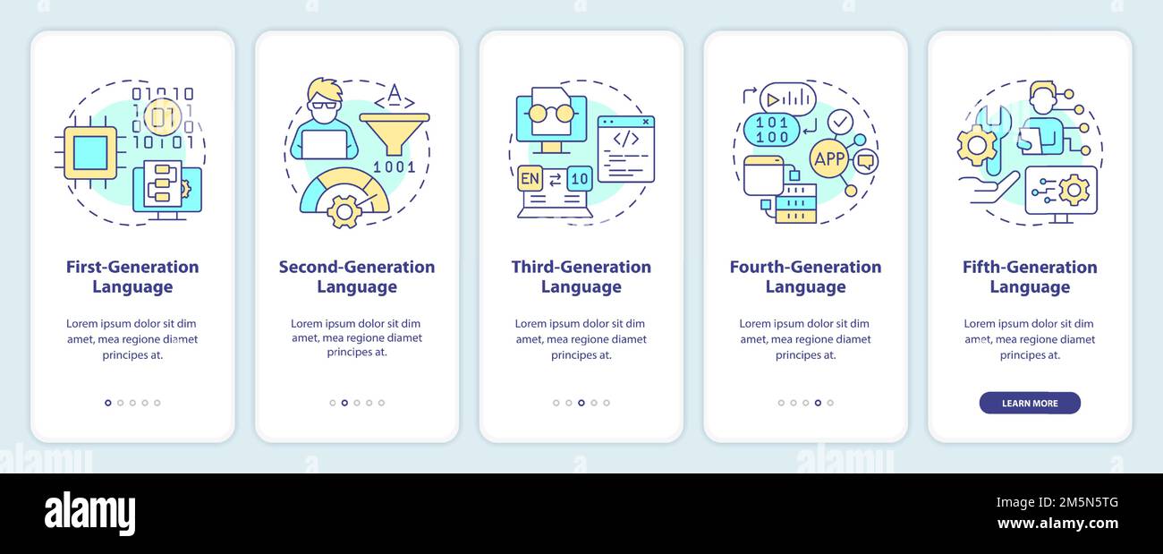 Programming Language Generations Onboarding Mobile App Screen Stock