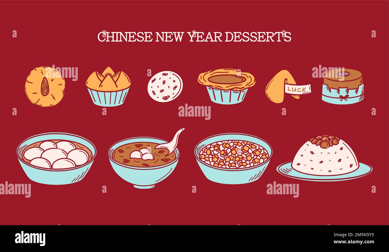 CNY celebration, Chinese New Year Desserts vector illustration in ...