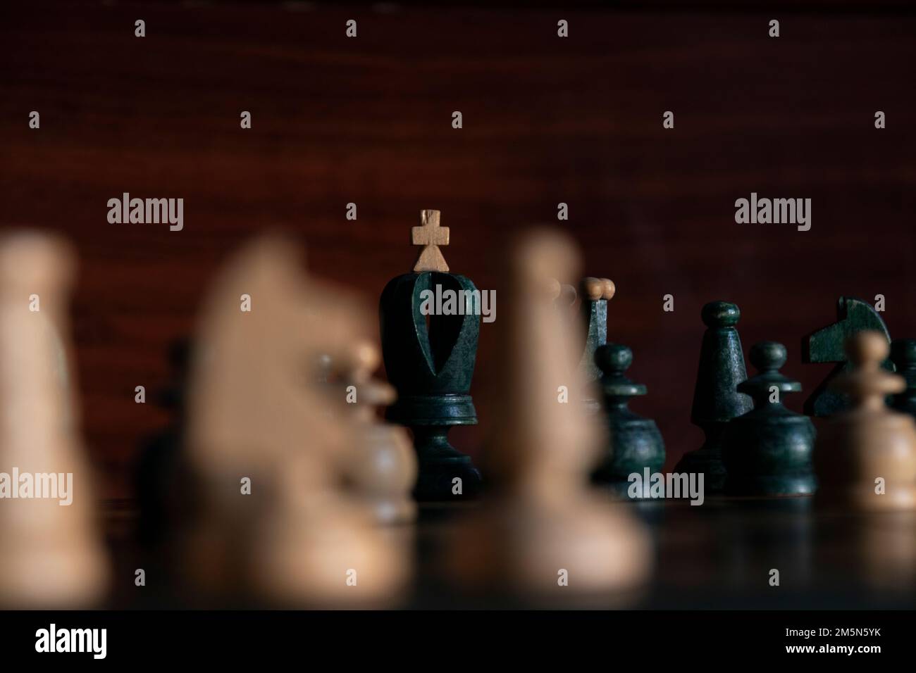 Side view of a black king with white cross in background between white ...