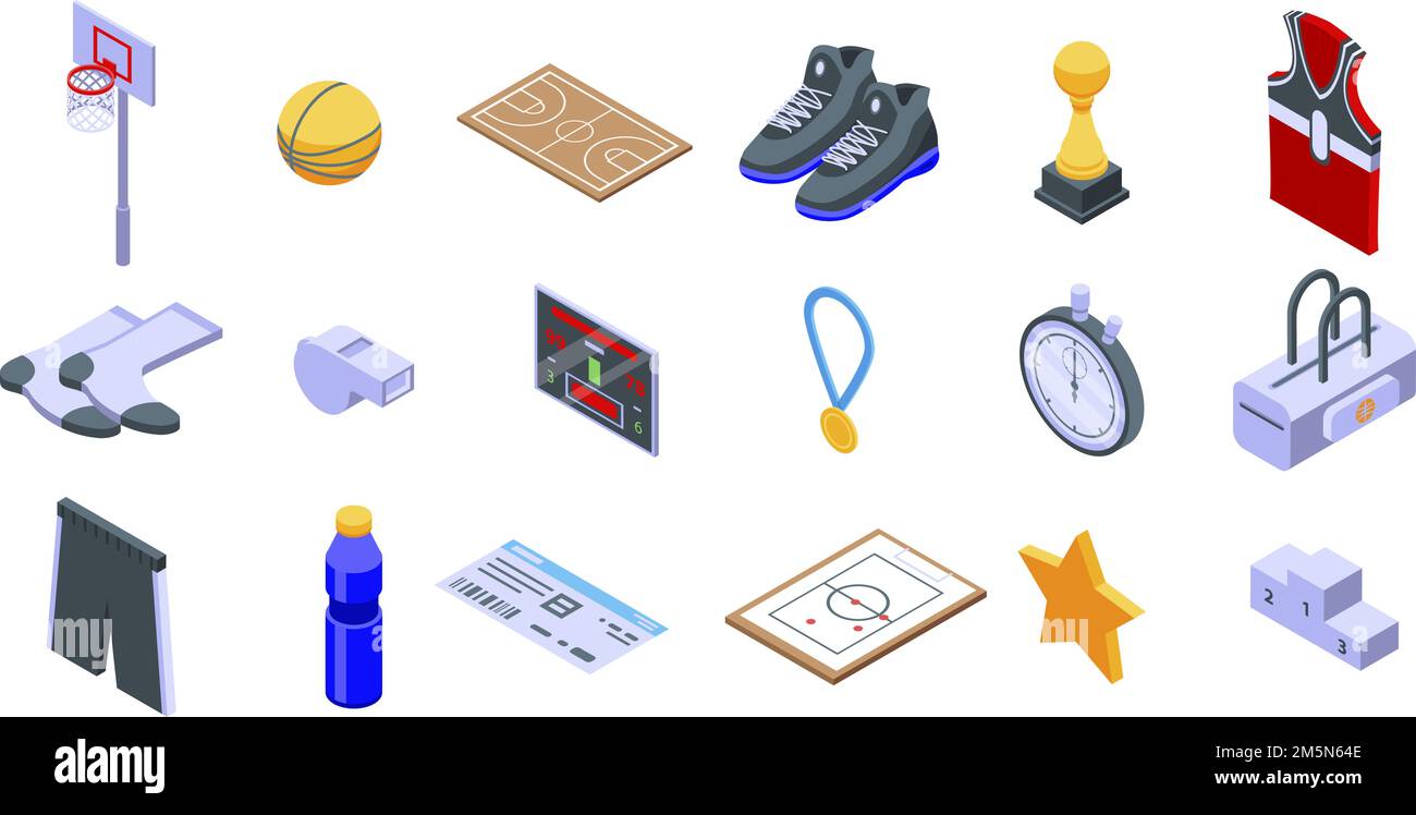 Basketball equipment icons set. Isometric set of basketball equipment ...