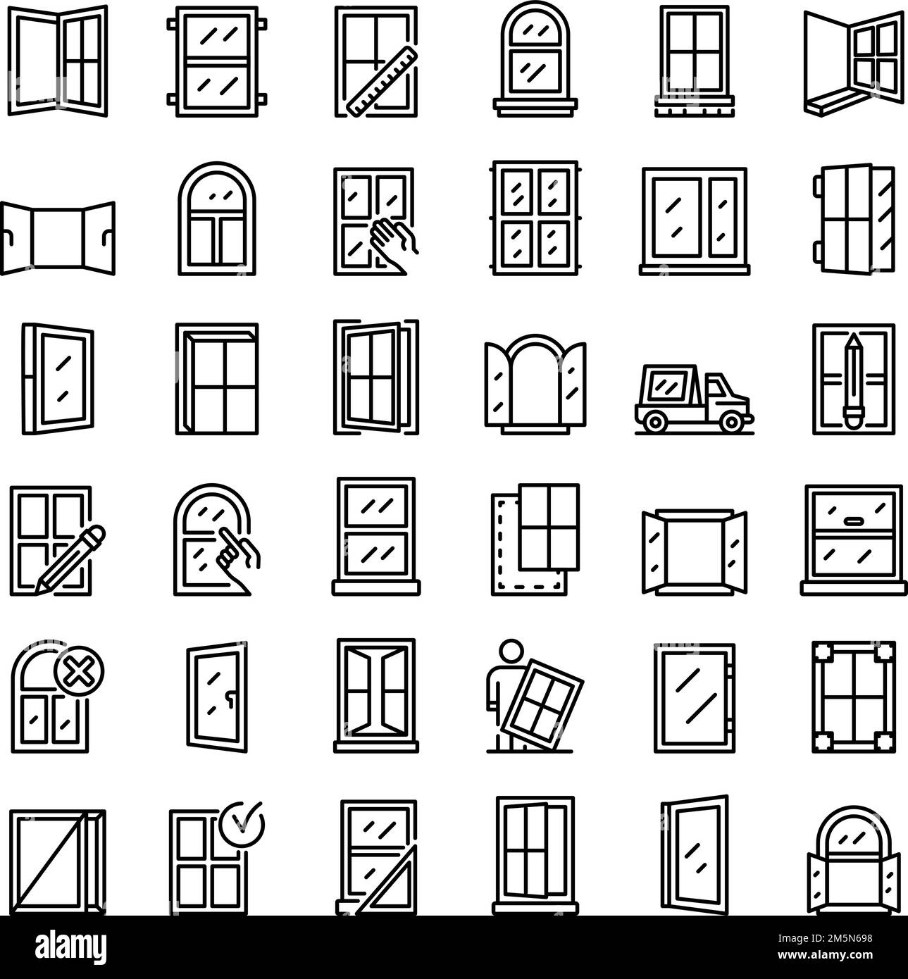 Window installation icons set. Outline set of window installation ...