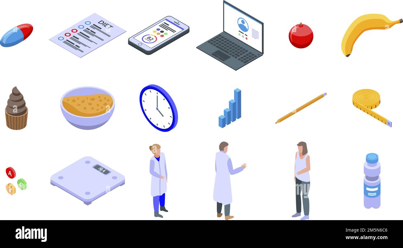 Nutritionist icons set. Isometric set of nutritionist vector icons for ...