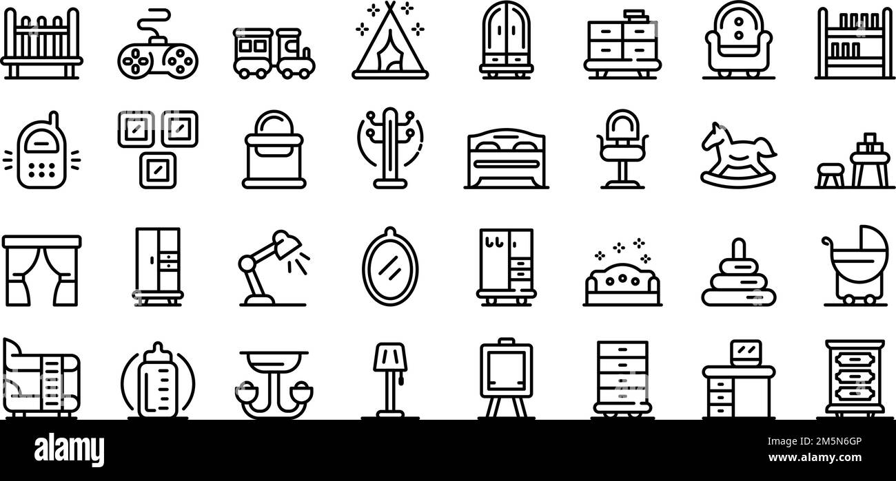 Childrens room icons set. Outline set of childrens room vector icons ...