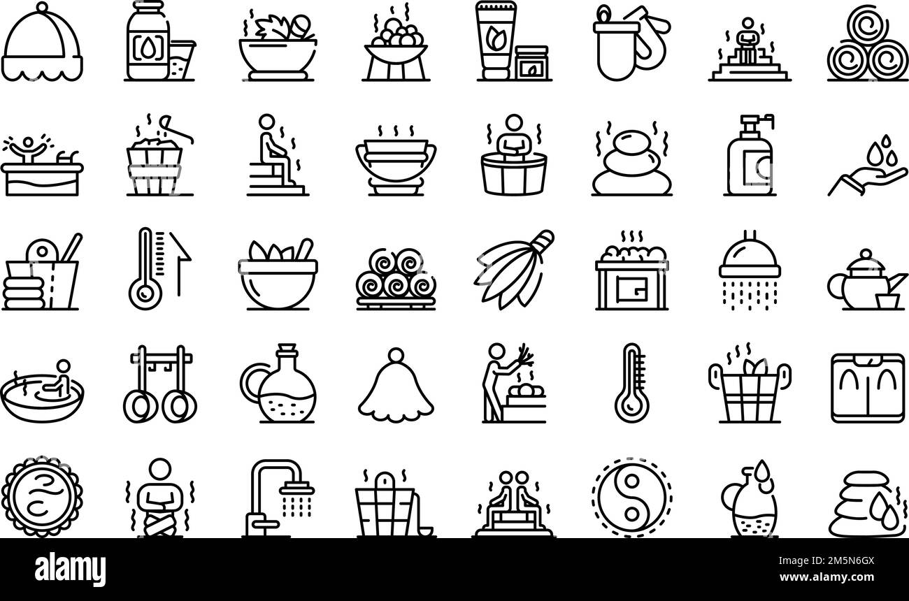 Sauna icons set. Outline set of sauna vector icons for web design isolated on white background ...