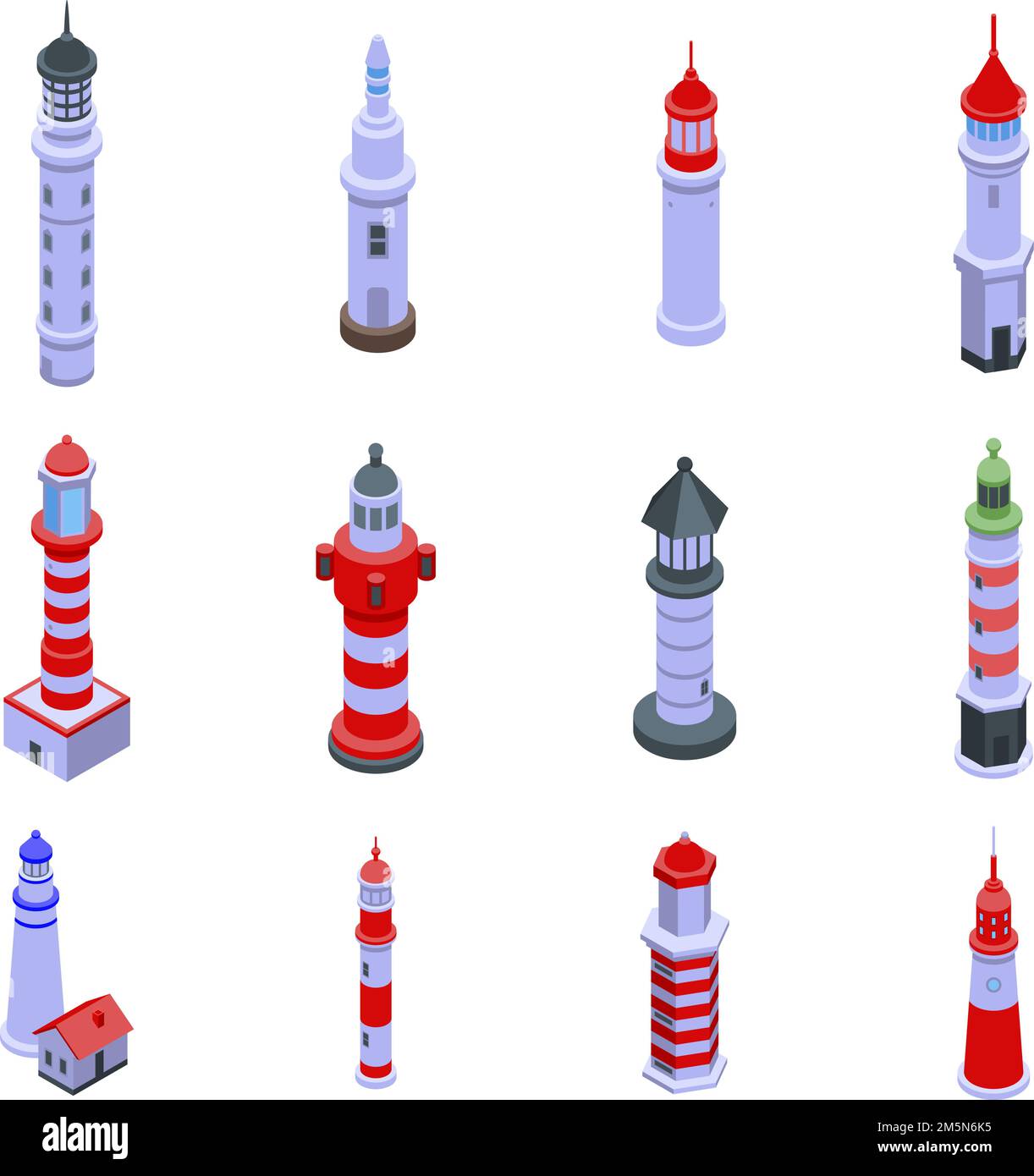 Lighthouse icons set. Isometric set of lighthouse vector icons for web ...