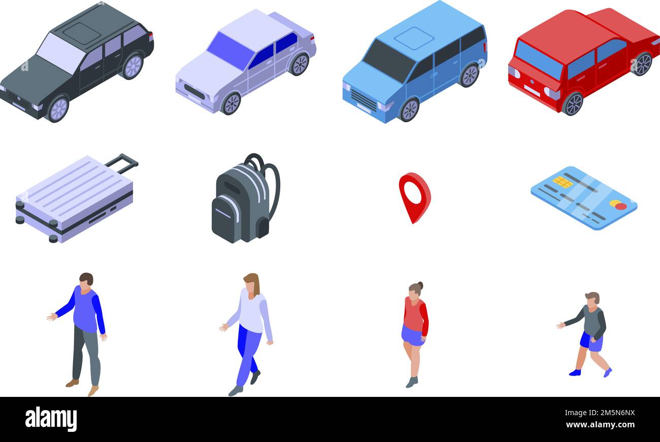 Travel on car icons set. Isometric set of travel on car vector icons ...