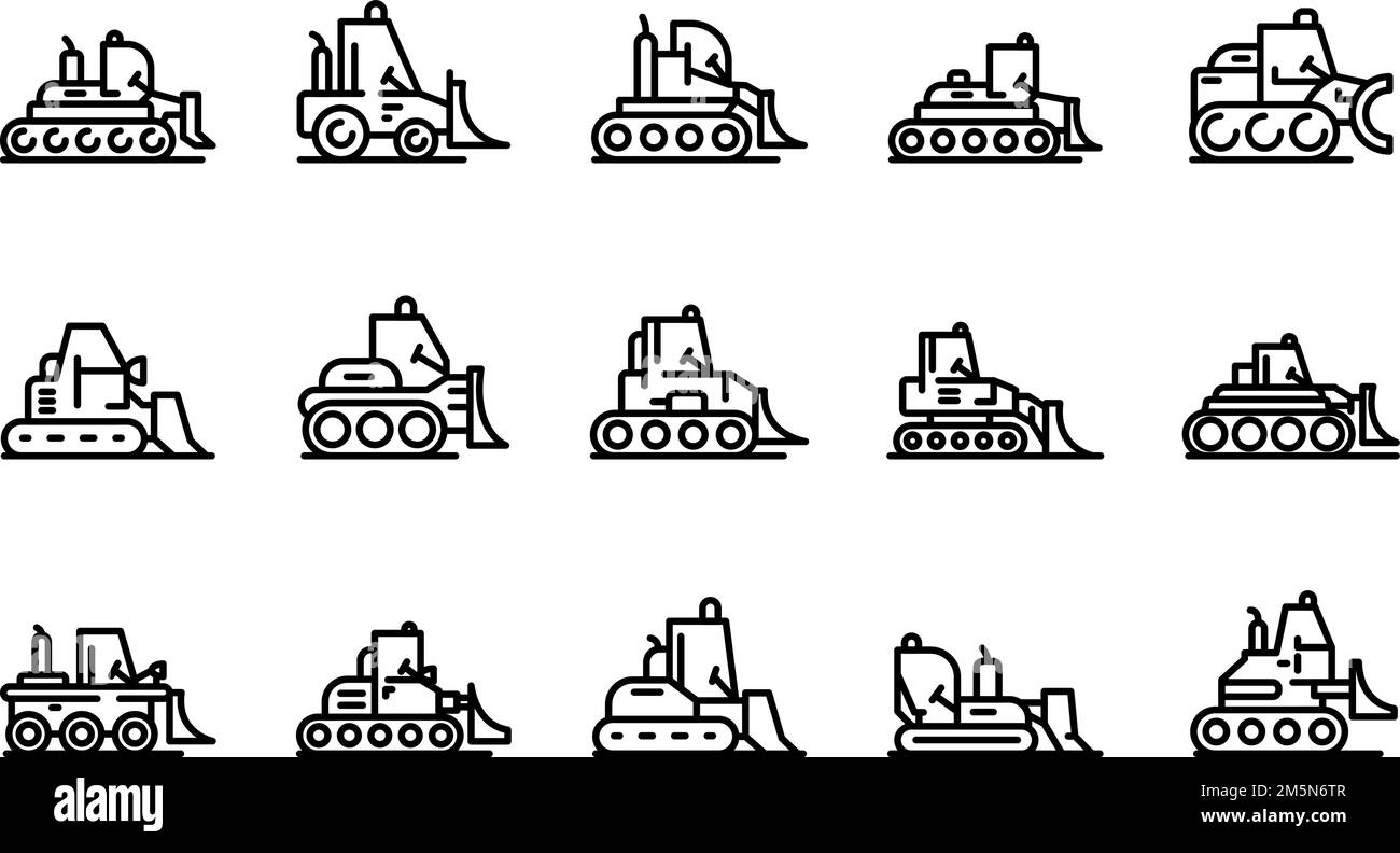 Bulldozer icons set. Outline set of bulldozer vector icons for web design isolated on white ...