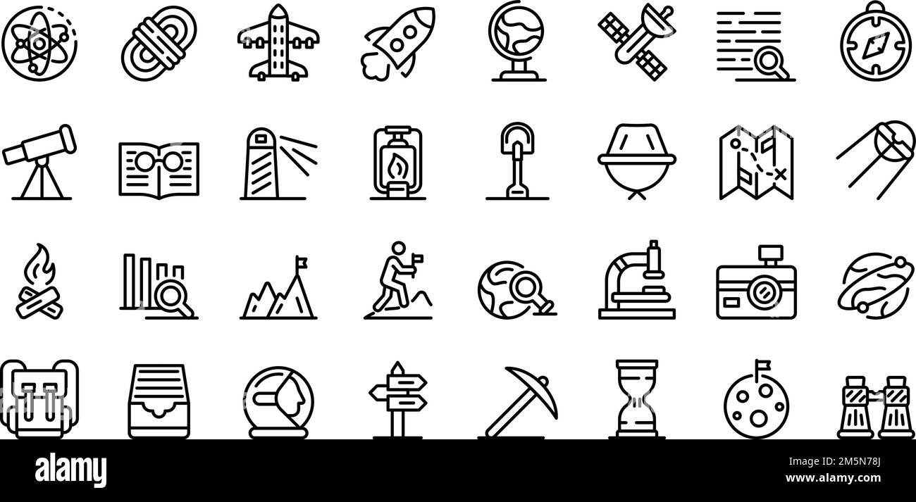 Exploration icons set. Outline set of exploration vector icons for web ...