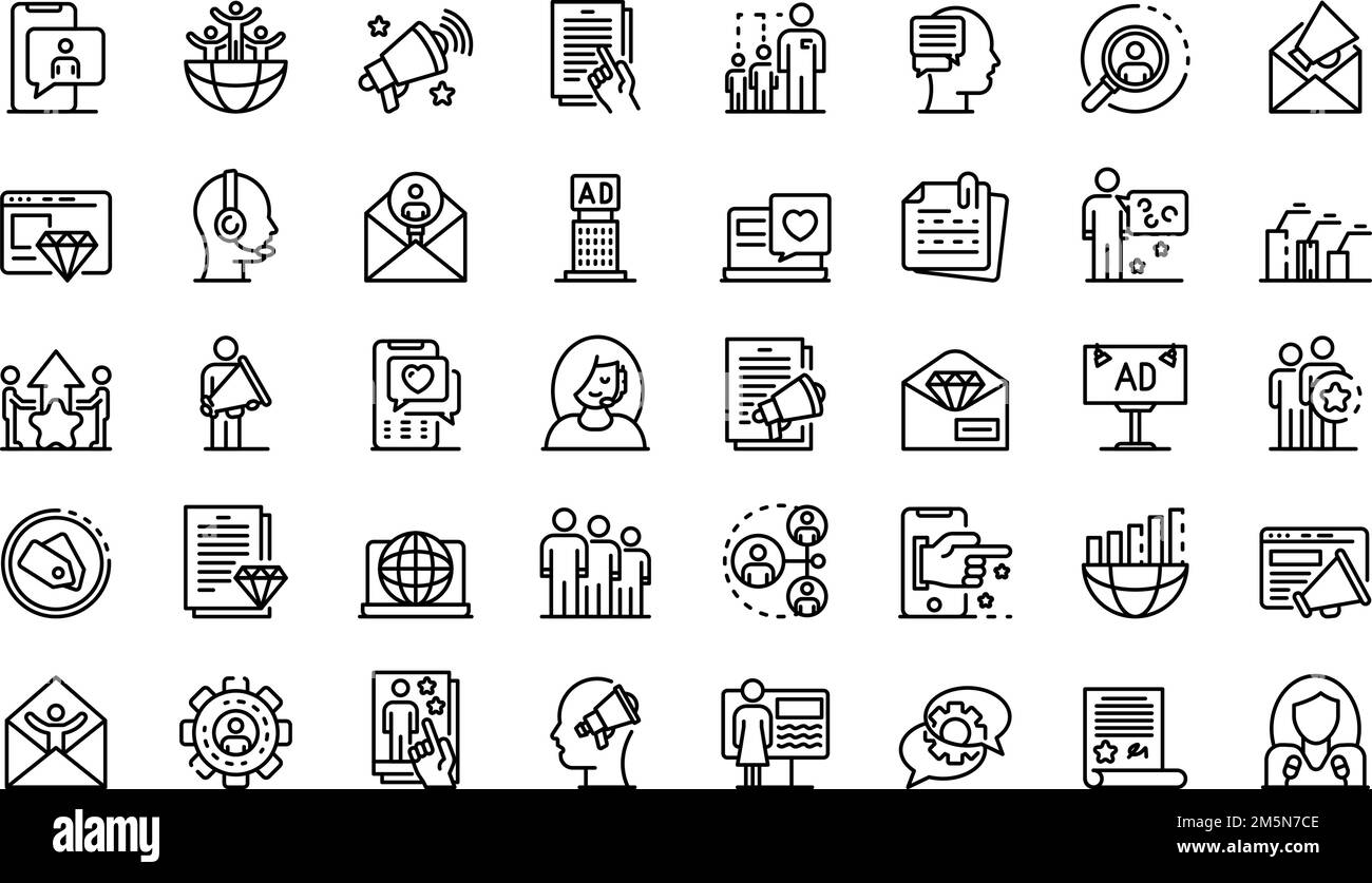PR specialist icons set. Outline set of PR specialist vector icons for ...
