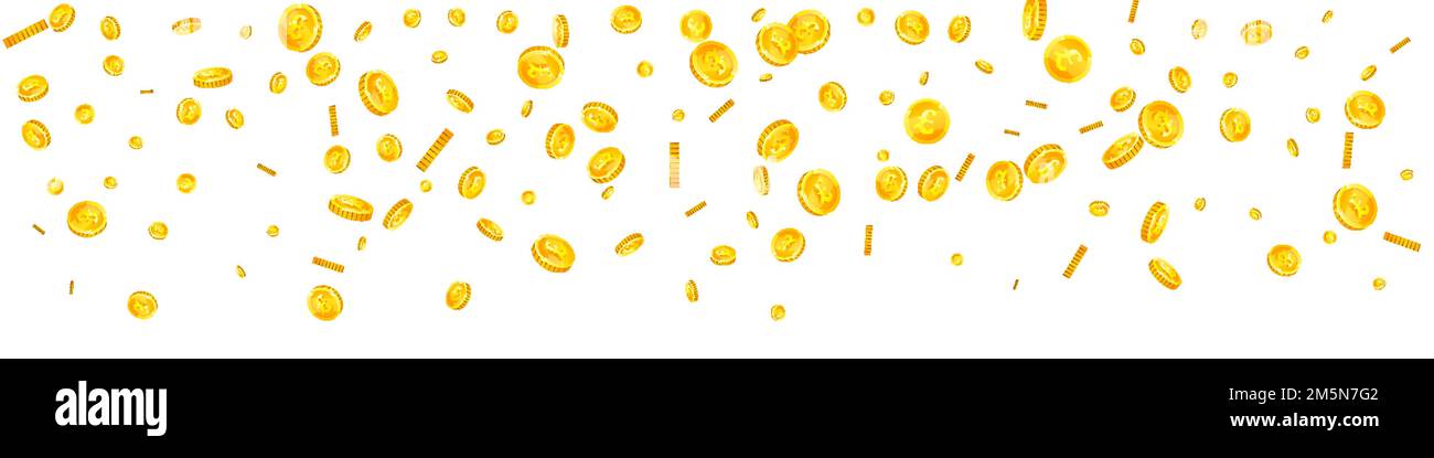British pound coins falling. Scattered gold GBP coins. United Kingdom ...