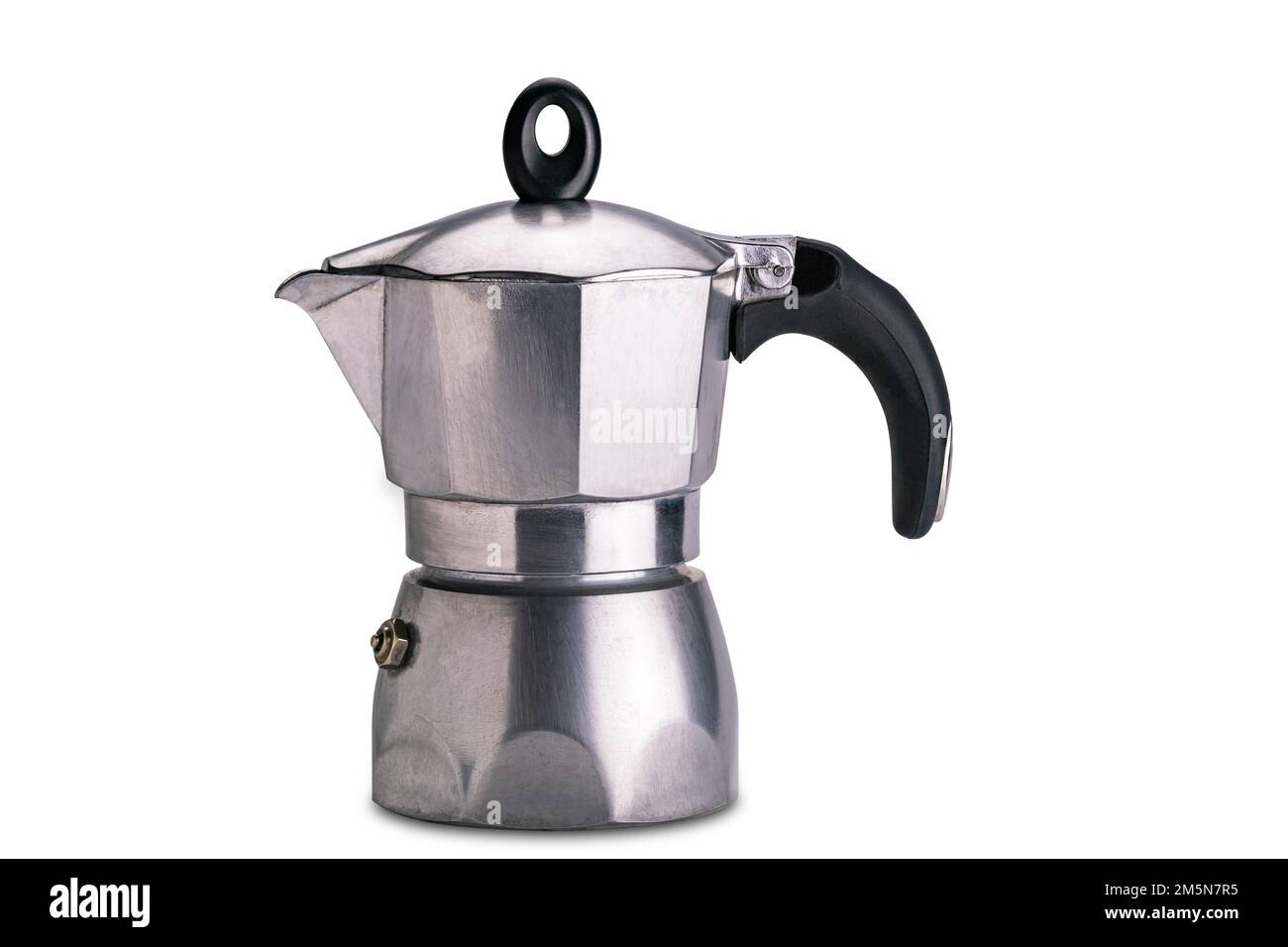 Side view of classical kitchenware moka pot coffee maker isolated on ...
