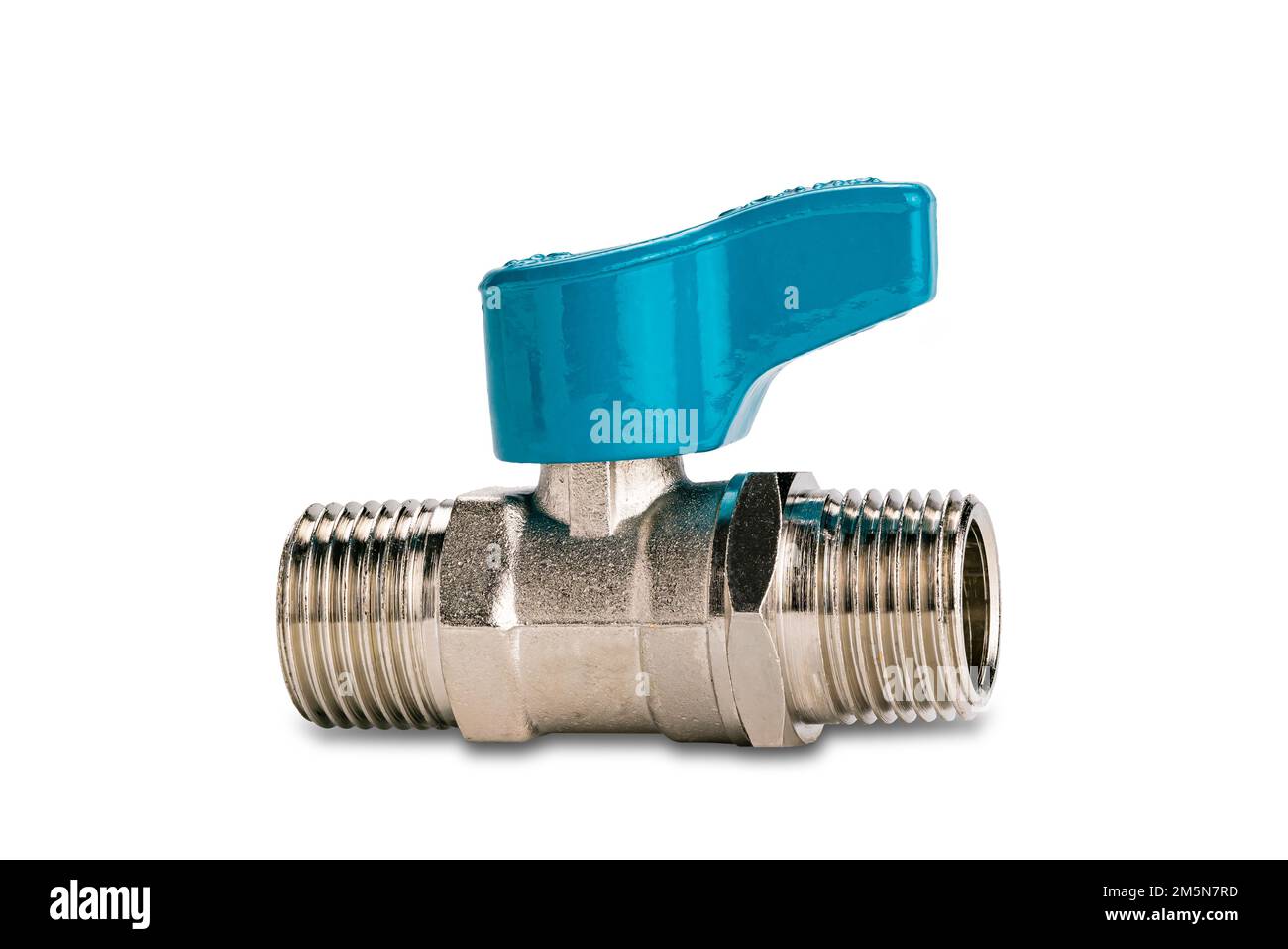 Closeup view of metal water ball valve with short blue handle isolated ...