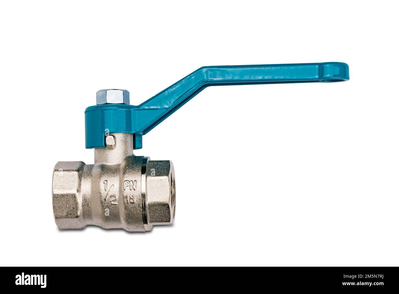 Side view closeup of metal water ball valve with blue handle isolated ...