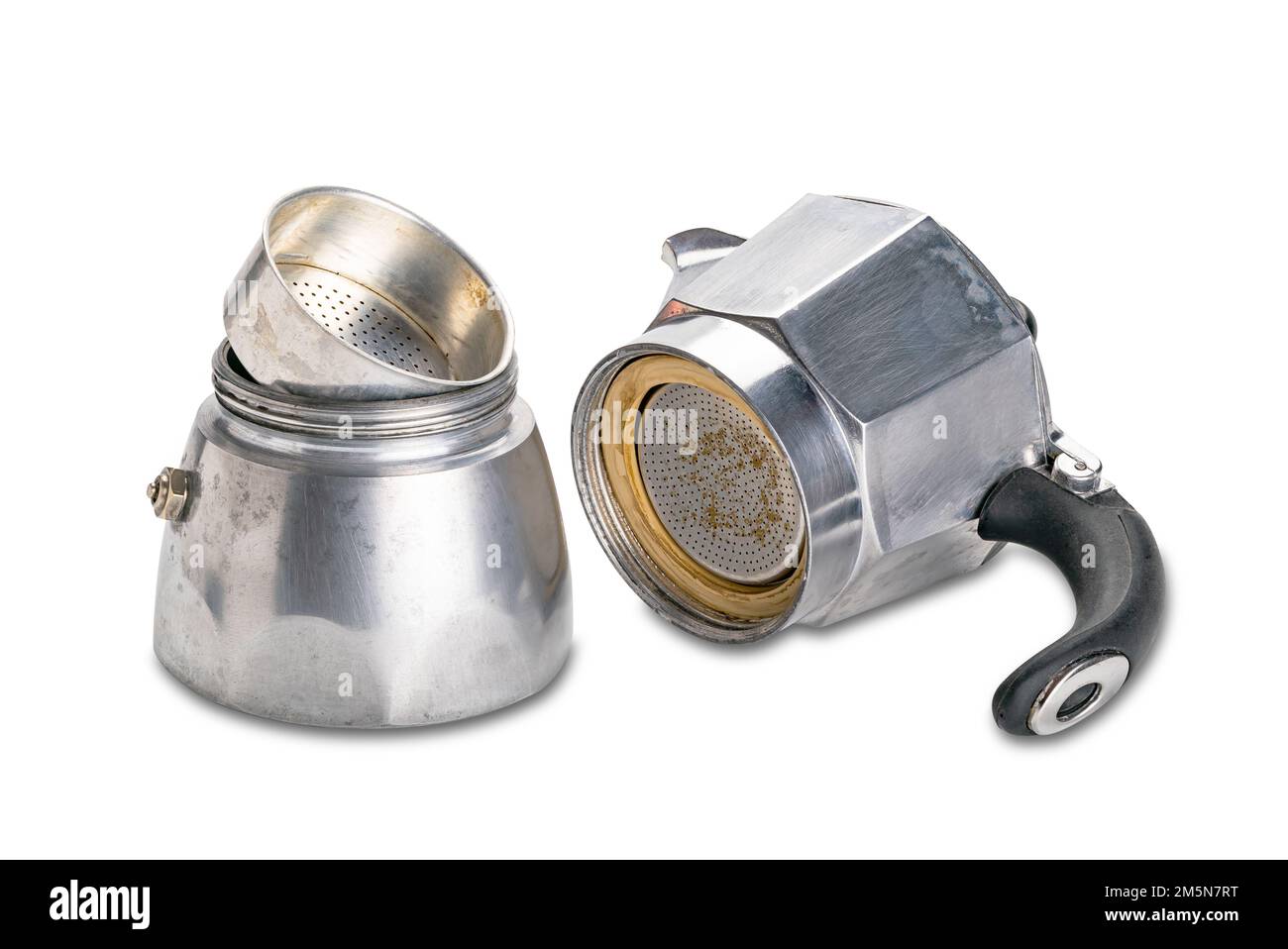 Closeup view of parts of italian moka pot coffee maker isolated on ...