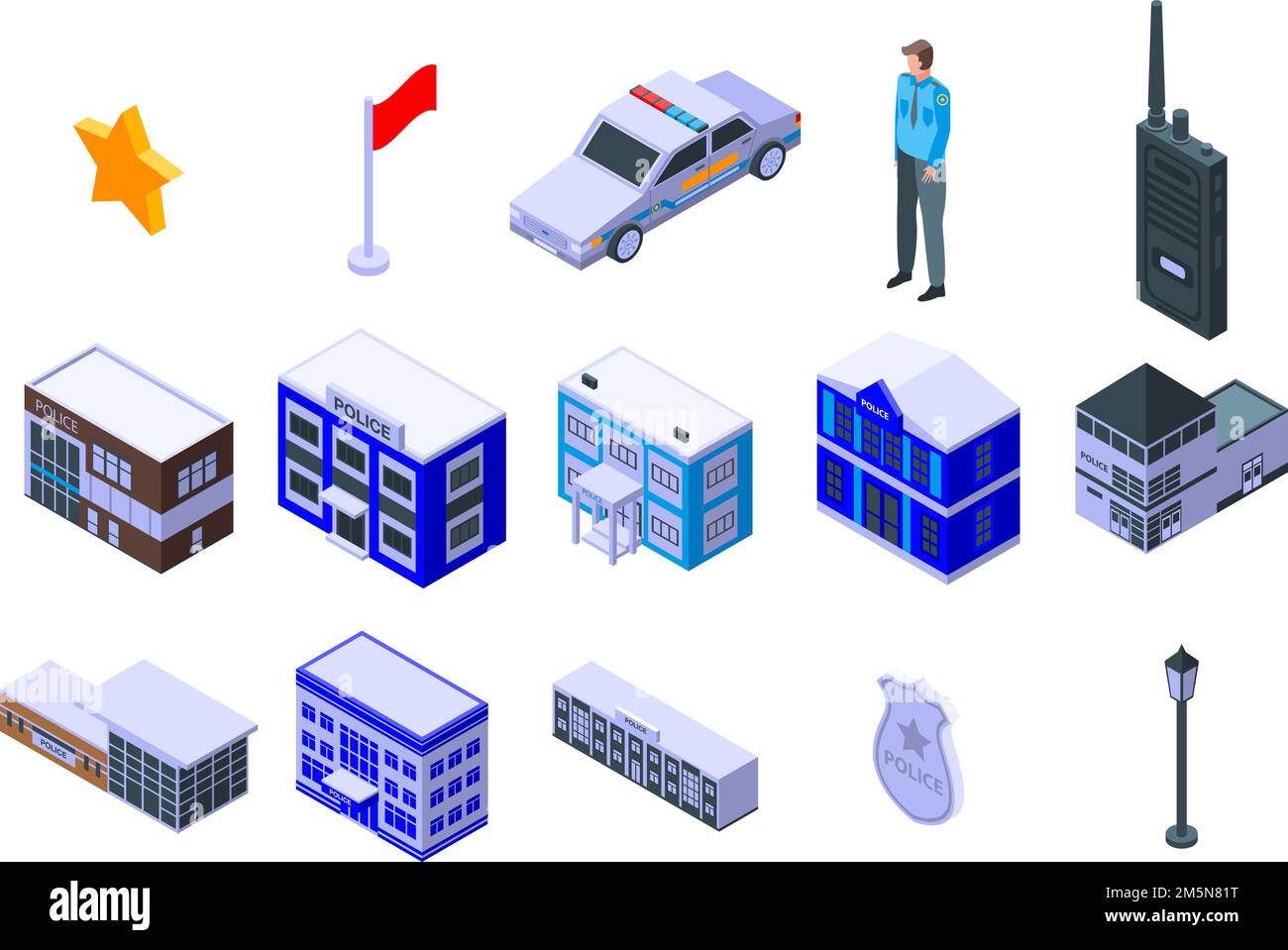 Police station icons set. Isometric set of police station vector icons ...