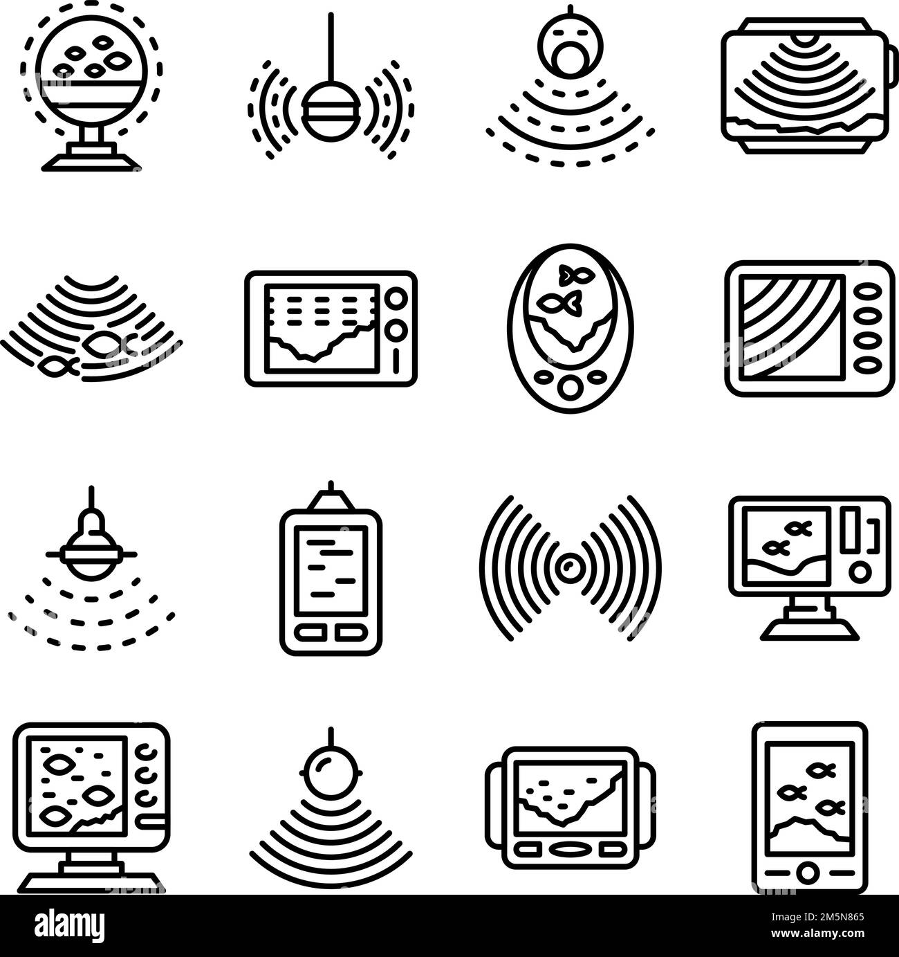 Echo sounder icons set. Outline set of echo sounder vector icons for ...