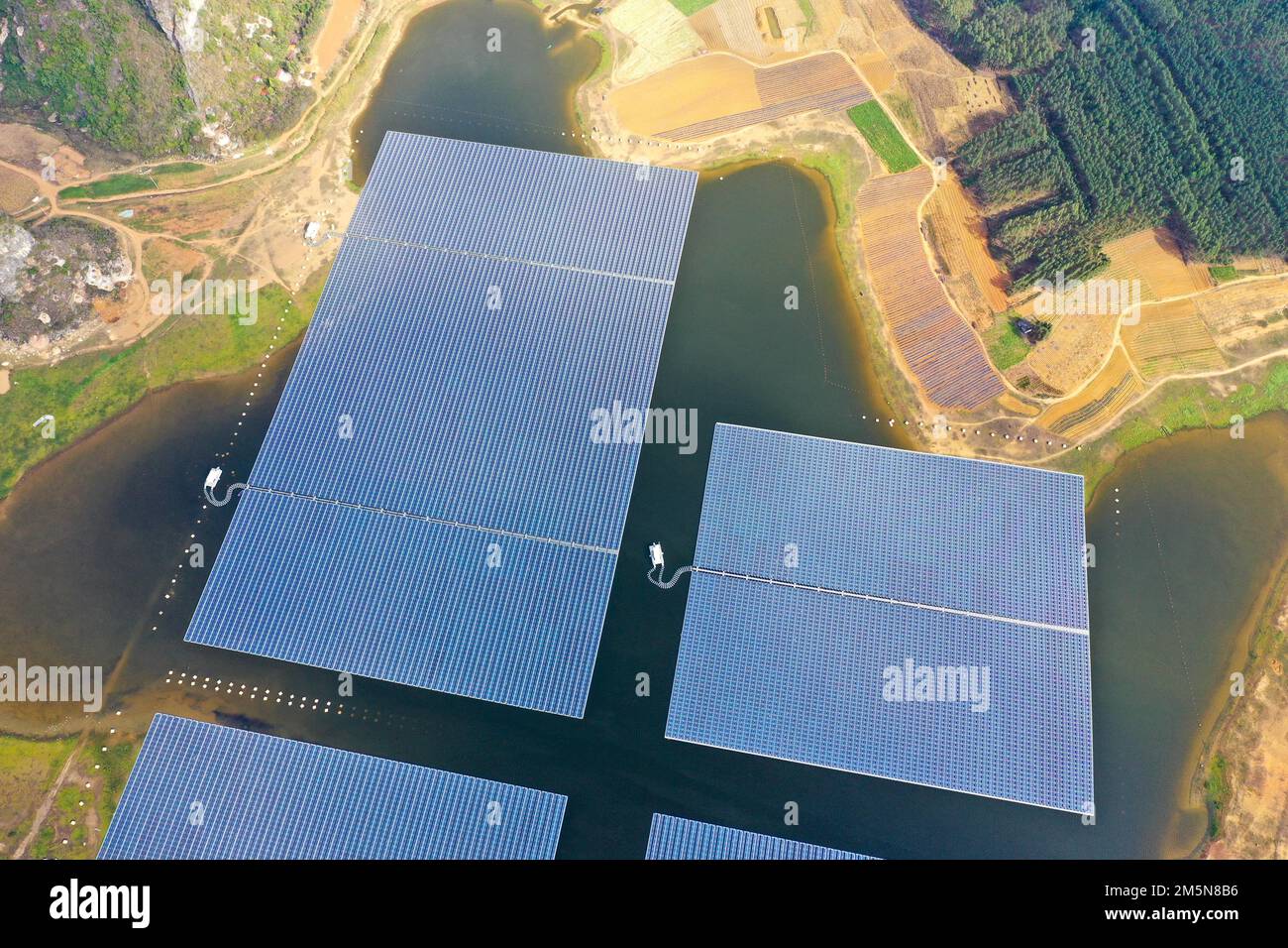Aerial photo shows the photovoltaic power station floating on the water ...