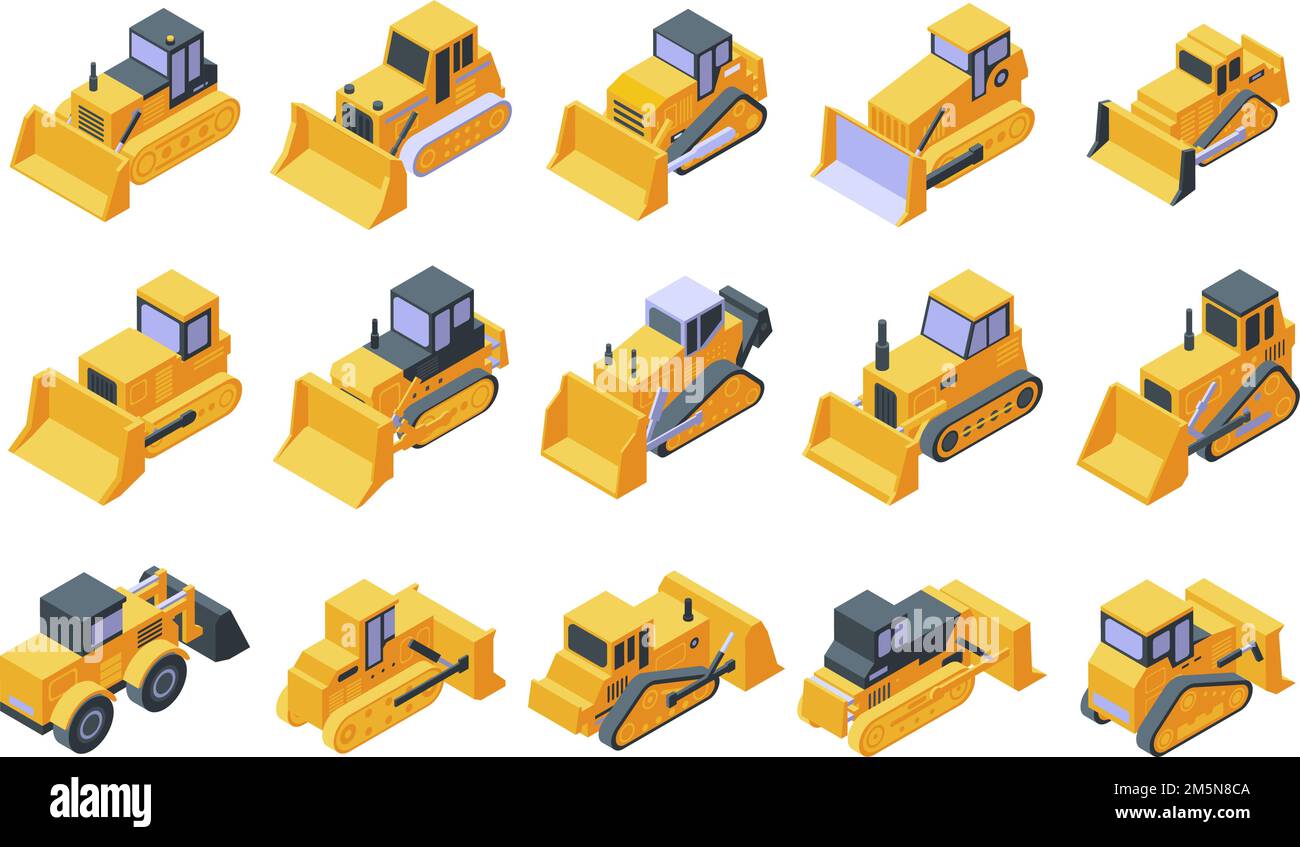 Bulldozer icons set. Isometric set of bulldozer vector icons for web design isolated on white ...