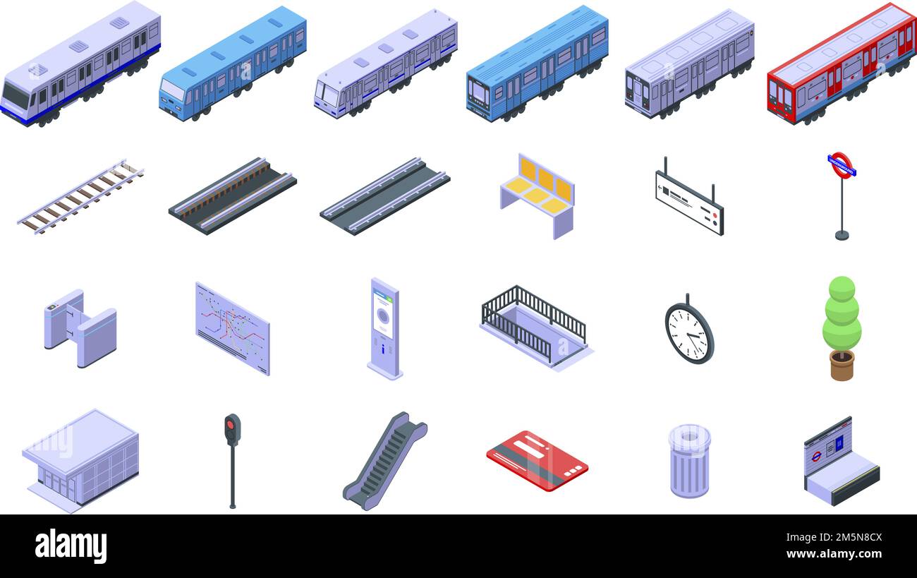 Subway train icons set. Isometric set of subway train vector icons for ...