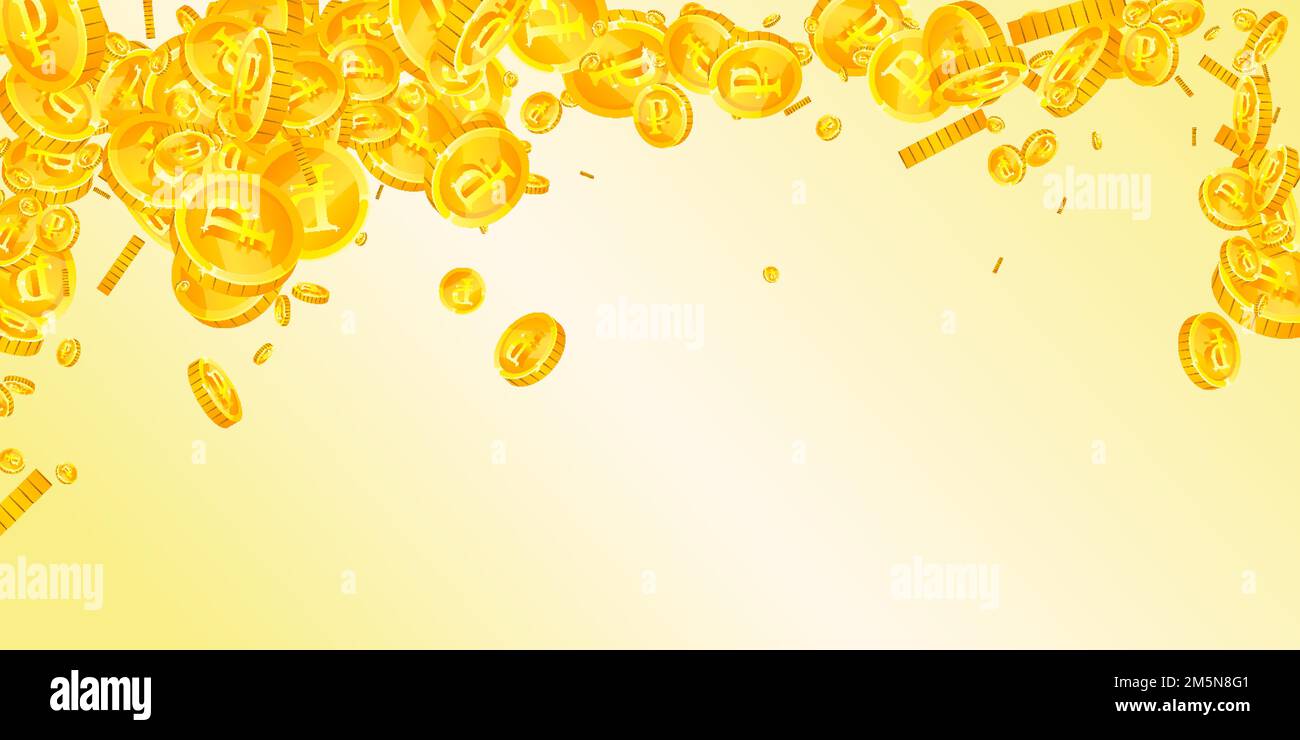 Russian ruble coins falling. Scattered gold RUB coins. Russia money ...