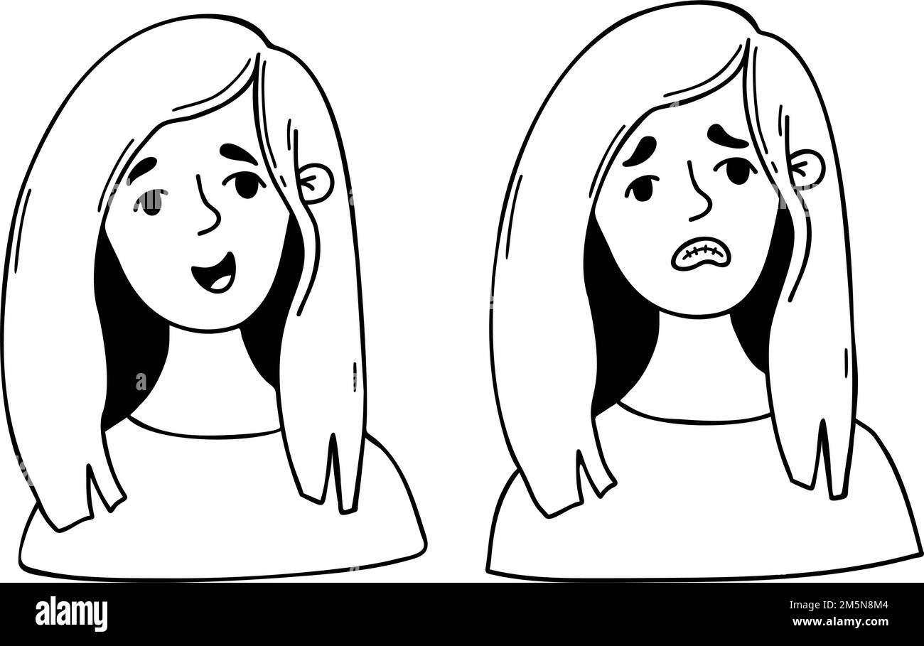 Sad depressive and joyful girl. Female portraits in cartoon doodle ...