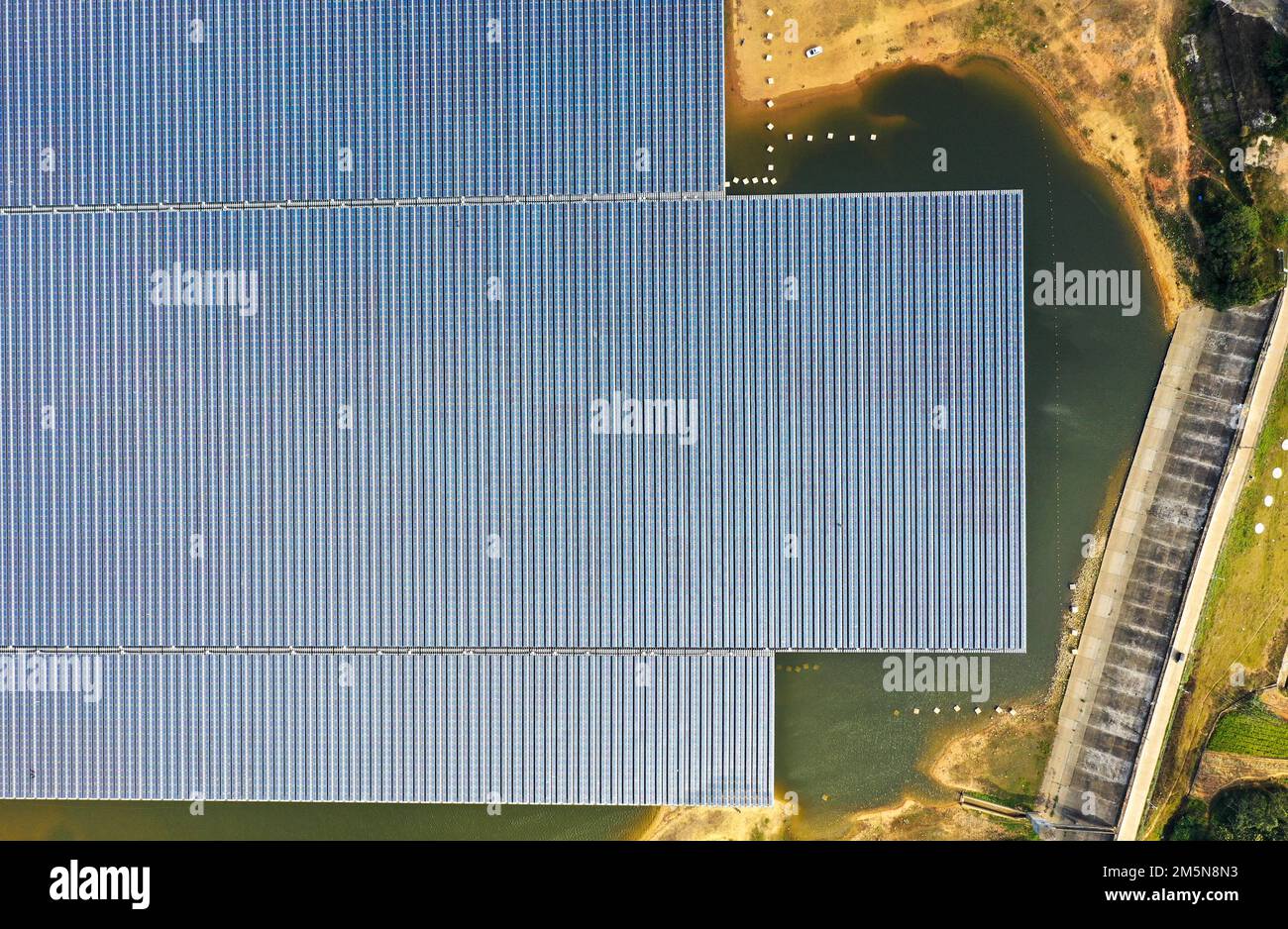 Aerial photo shows the photovoltaic power station floating on the water ...