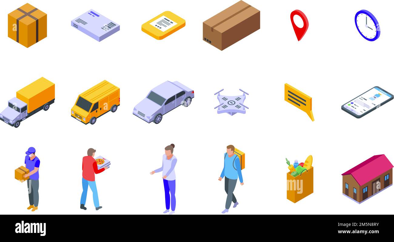 Home delivery icons set. Isometric set of home delivery vector icons ...