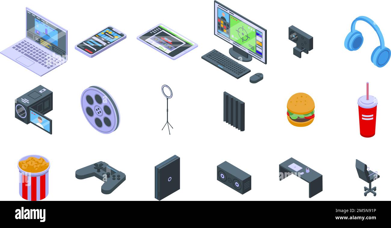 Stream icons set. Isometric set of stream vector icons for web design ...