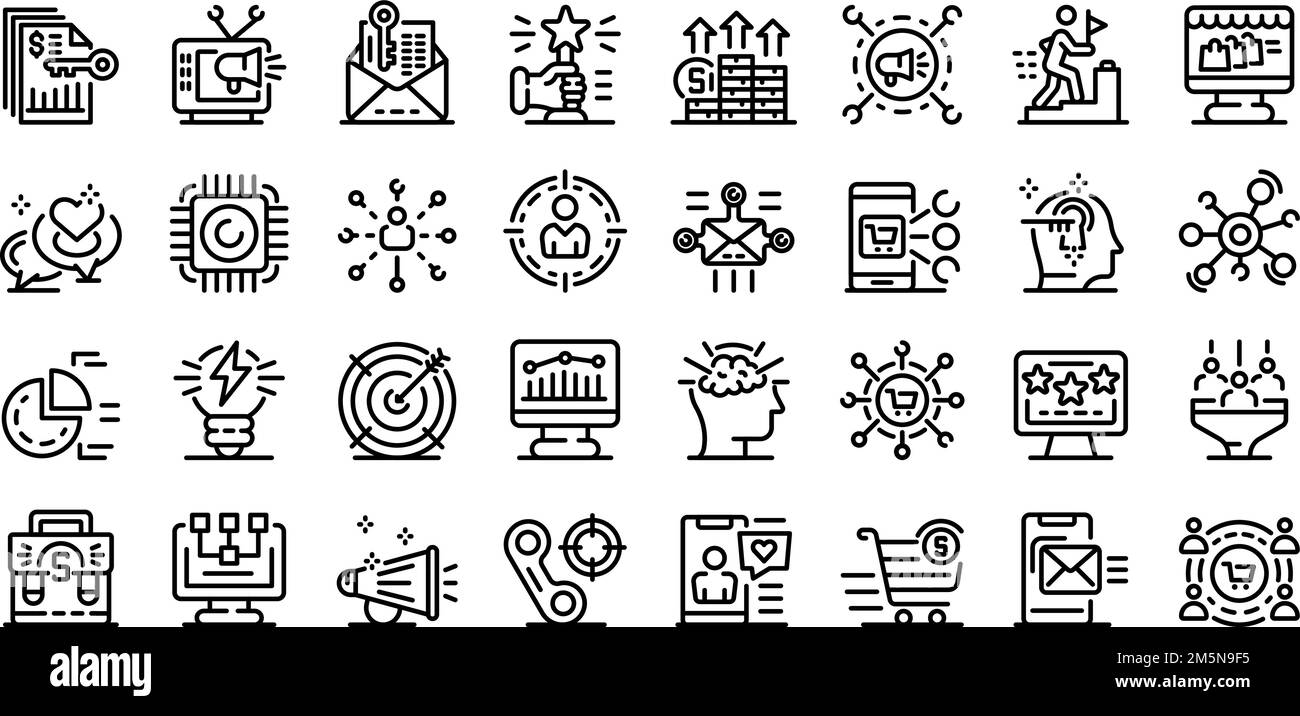Marketer icons set. Outline set of marketer vector icons for web design ...
