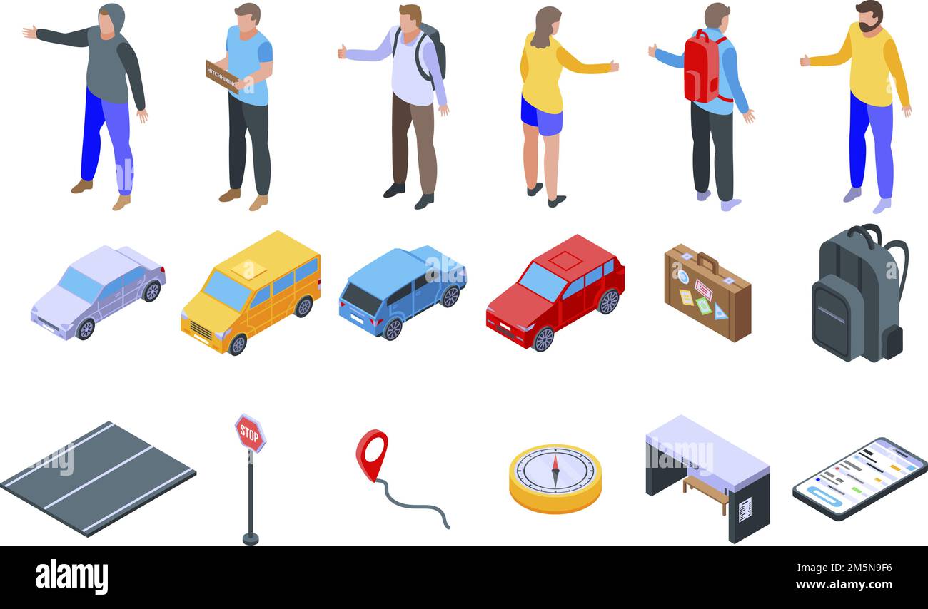 Hitchhiking icons set. Isometric set of hitchhiking vector icons for ...