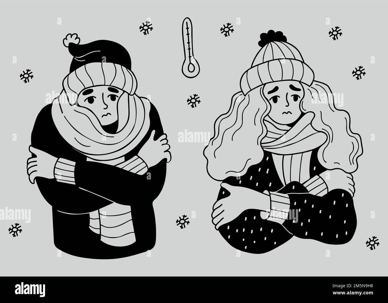 Unhappy woman and man in knitted hat and wrapped in scarf freezing wearing and shivering. vector ...