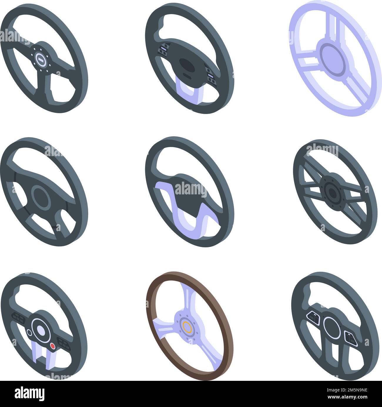 Steering wheel icons set. Isometric set of steering wheel vector icons ...