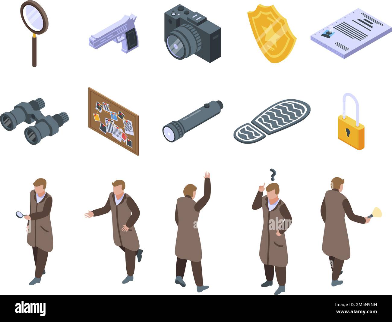 Investigator icons set. Isometric set of investigator vector icons for ...