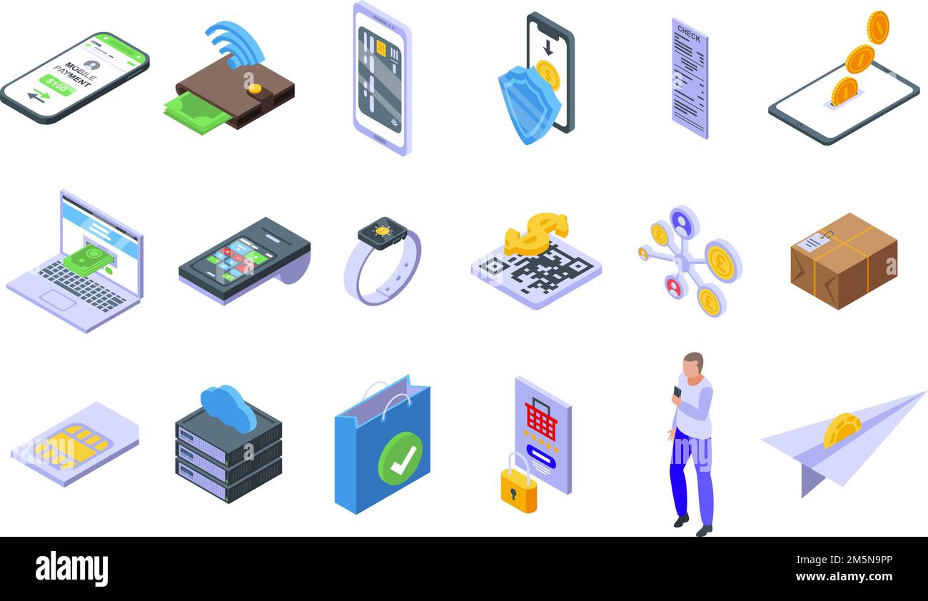 Mobile payment icons set. Isometric set of mobile payment vector icons ...